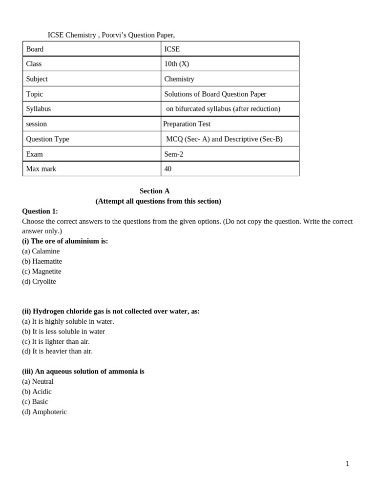 ICSE Class X Chemistry Question Paper Solutions 2022 Semester 2 | PDF | Oxide | Acid