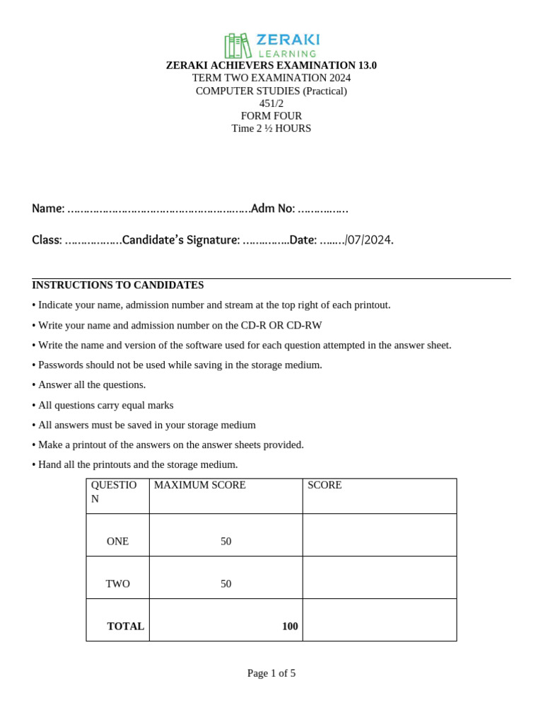 Mwendo College Computer Studies Exam 2024 | PDF | Computing
