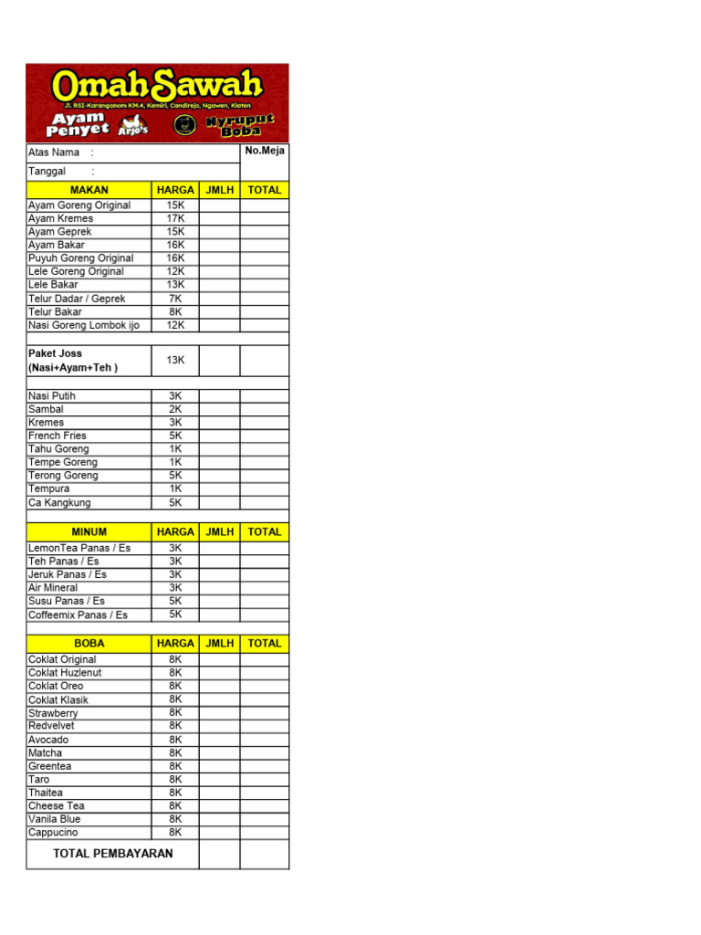 Menu Waroeng Pohon Omah Sawah | PDF