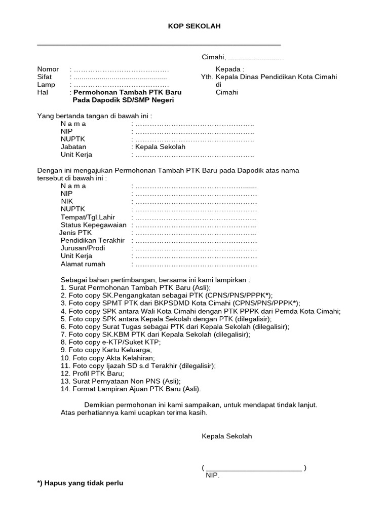 Contoh Surat Pengajuan PTK Baru & Tarik PTK - New | PDF