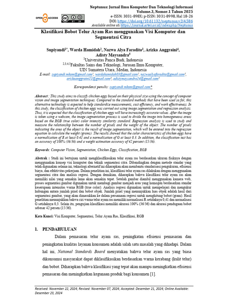Klasifikasi Telur Ayam dengan Visi Komputer | PDF