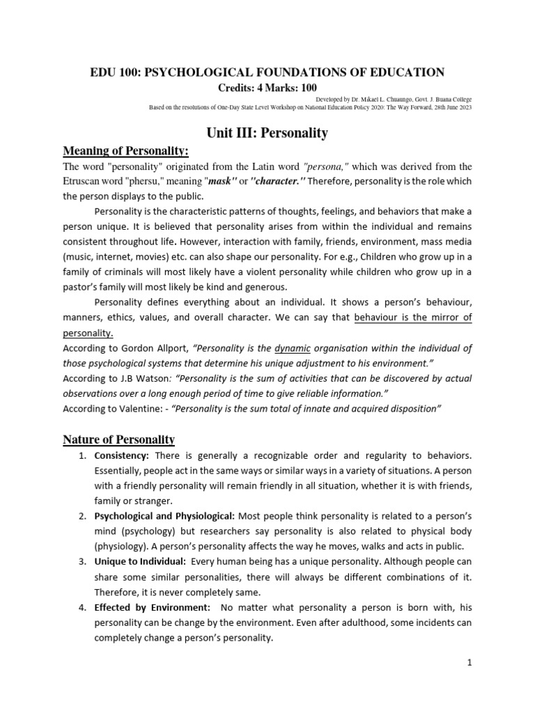 EDU 100 Unit III Personality Type and TR | PDF | Extraversion And ...
