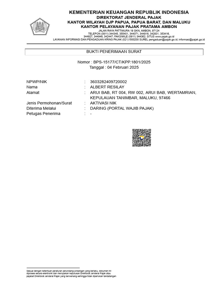 Bukti Penerimaan Aktivasi NIK | PDF