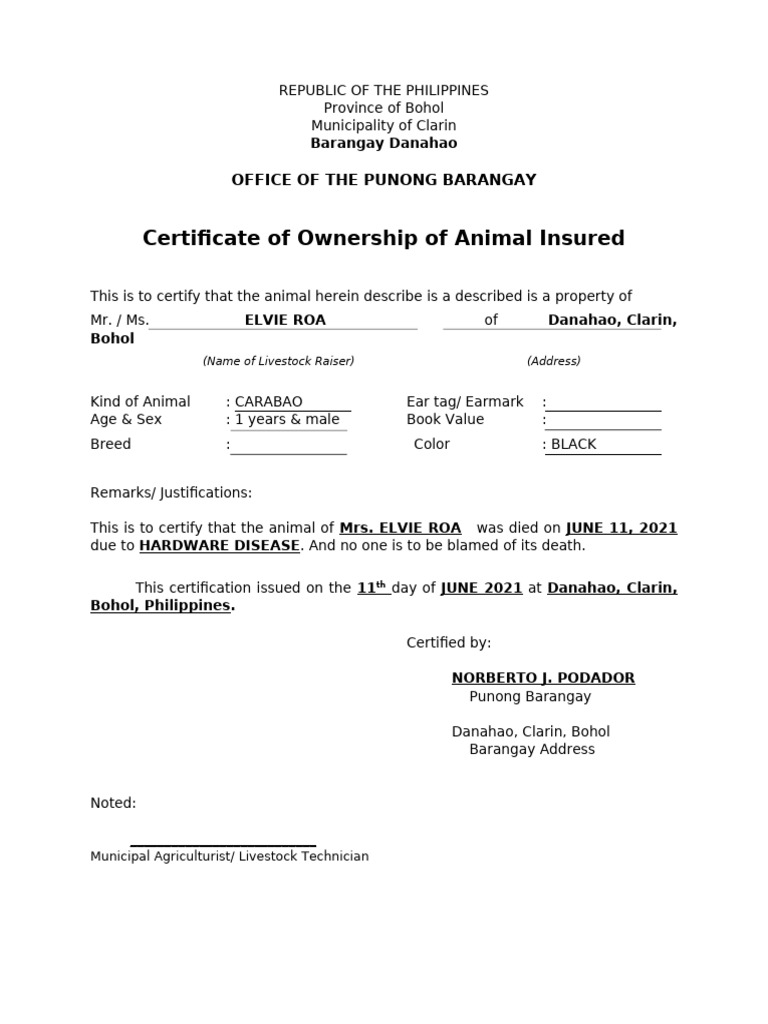 Animal Ownership & Insurance Certificates | PDF | Livestock | Animals ...