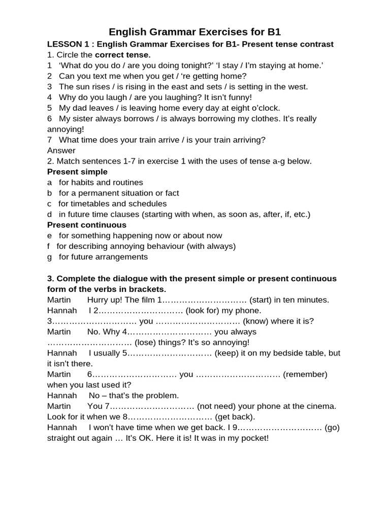 English Grammar Exercises For B1 Pdf English Grammar
