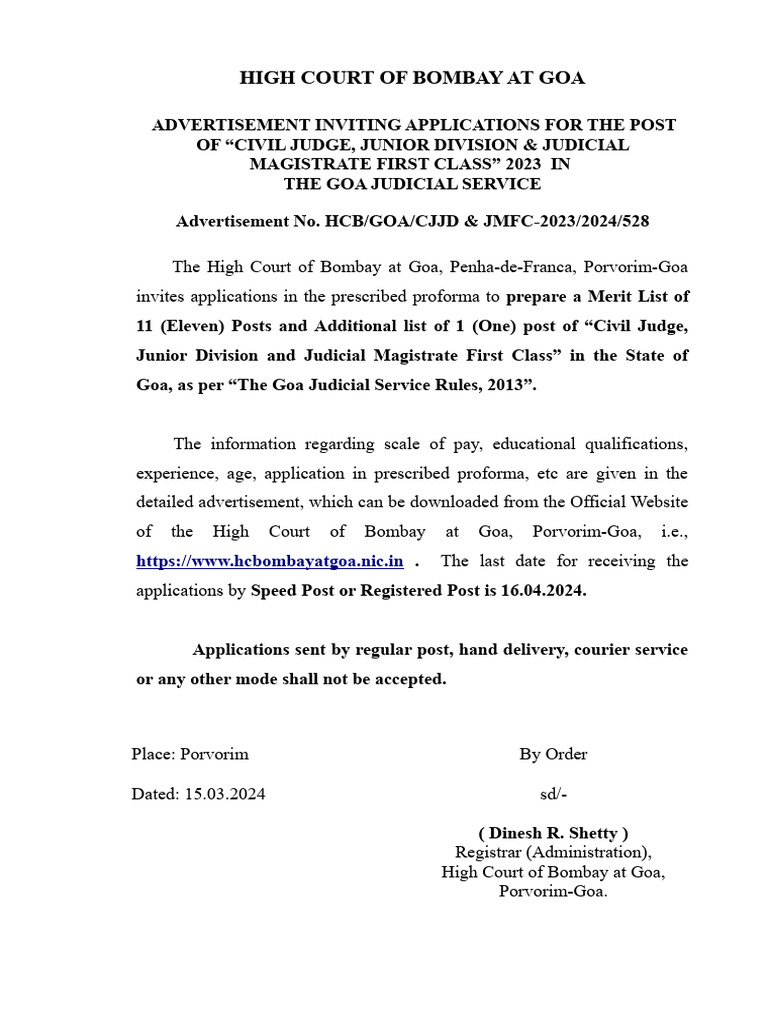 Goa Civil Judge & Magistrate Job Openings | PDF