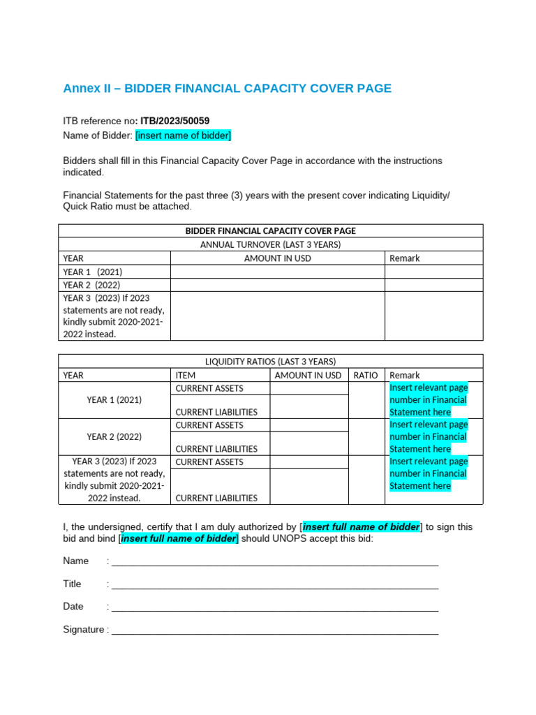 Annex II_ Bidder Financial Capacity Cover Page | PDF