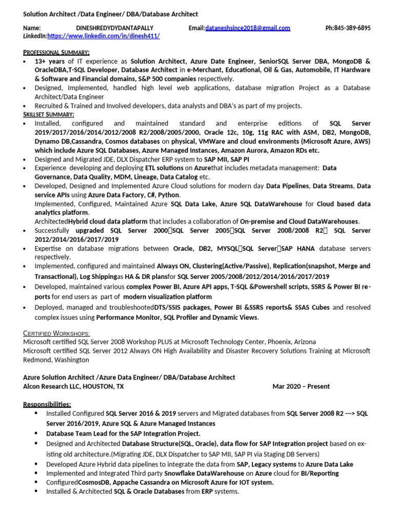 Dinesh_Data Engineer_DBA_Architect | PDF | Microsoft Sql Server | Databases