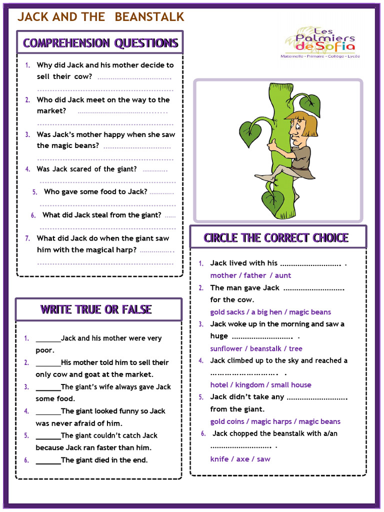 Jack and The Beanstalk Esl Printable Reading Comprehension Questions ...