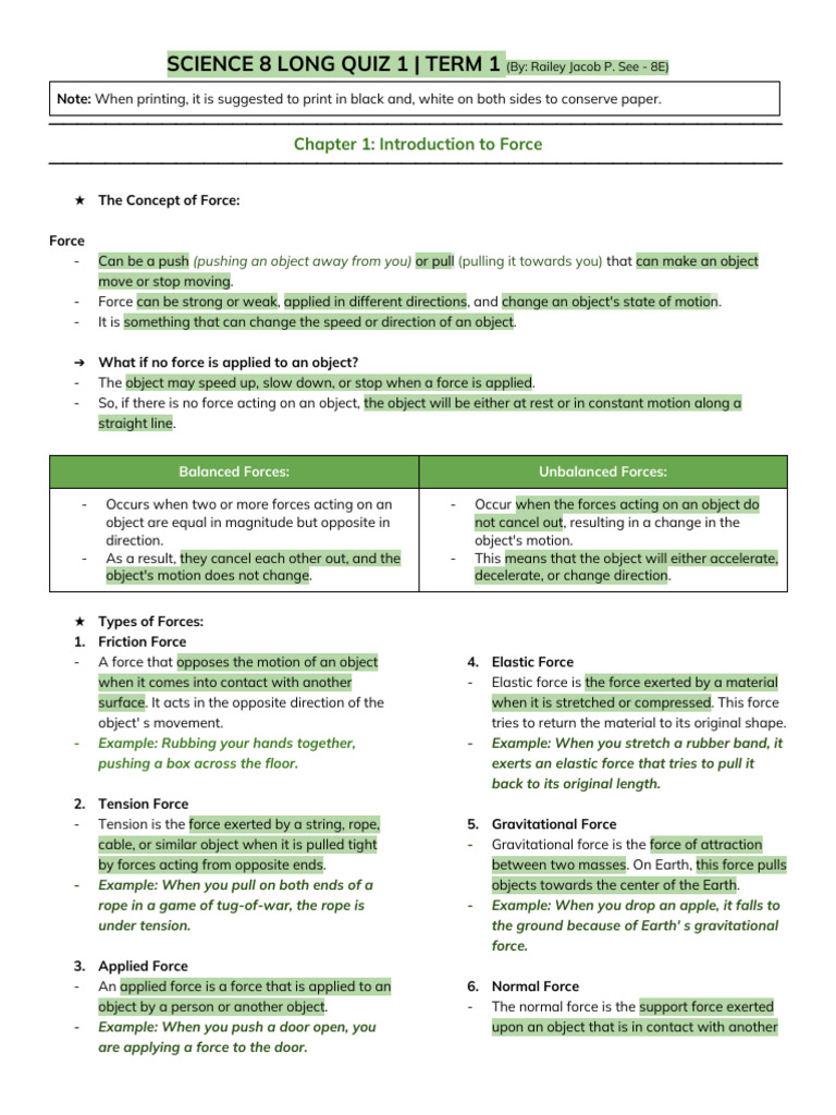 Science Long Quiz 1 - Term 1 | PDF | Force | Mass
