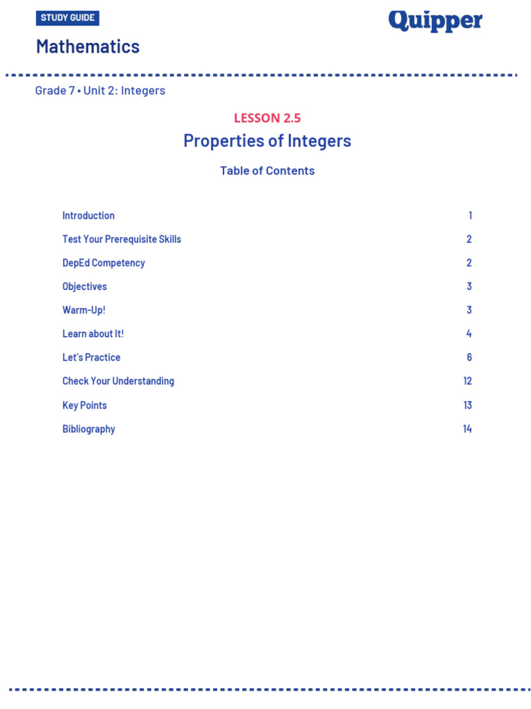 Math7 U2INTEGERS LESSON2.5 Properties of Integers | PDF | Multiplication | Summation