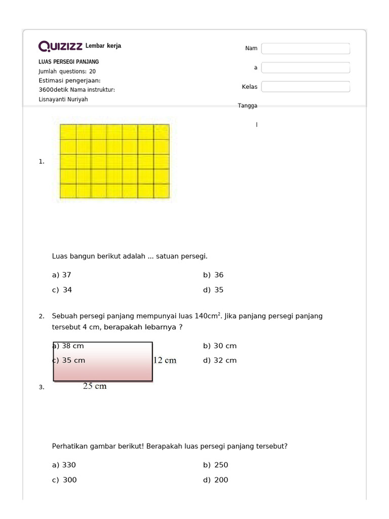 Quizizz - Luas Persegi Panjang | PDF