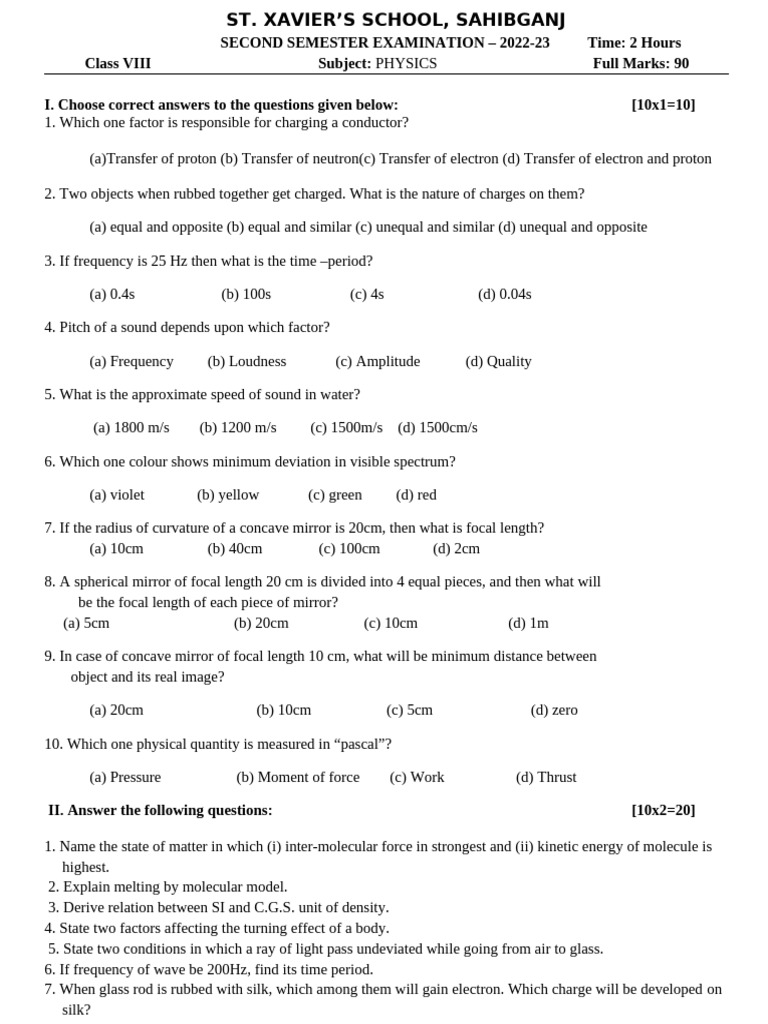 Class Viii Physics Exam Paper 2022 23 Pdf Waves Pressure