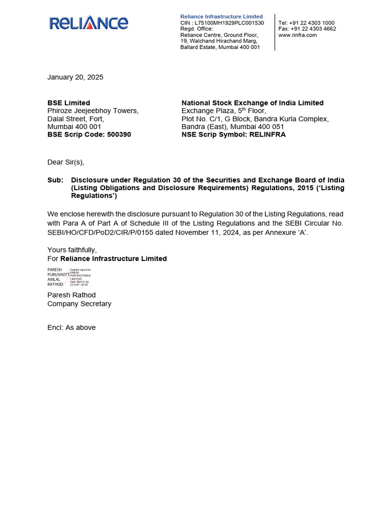Reliance Infrastructure Management Change Notice | PDF | Economy Of ...