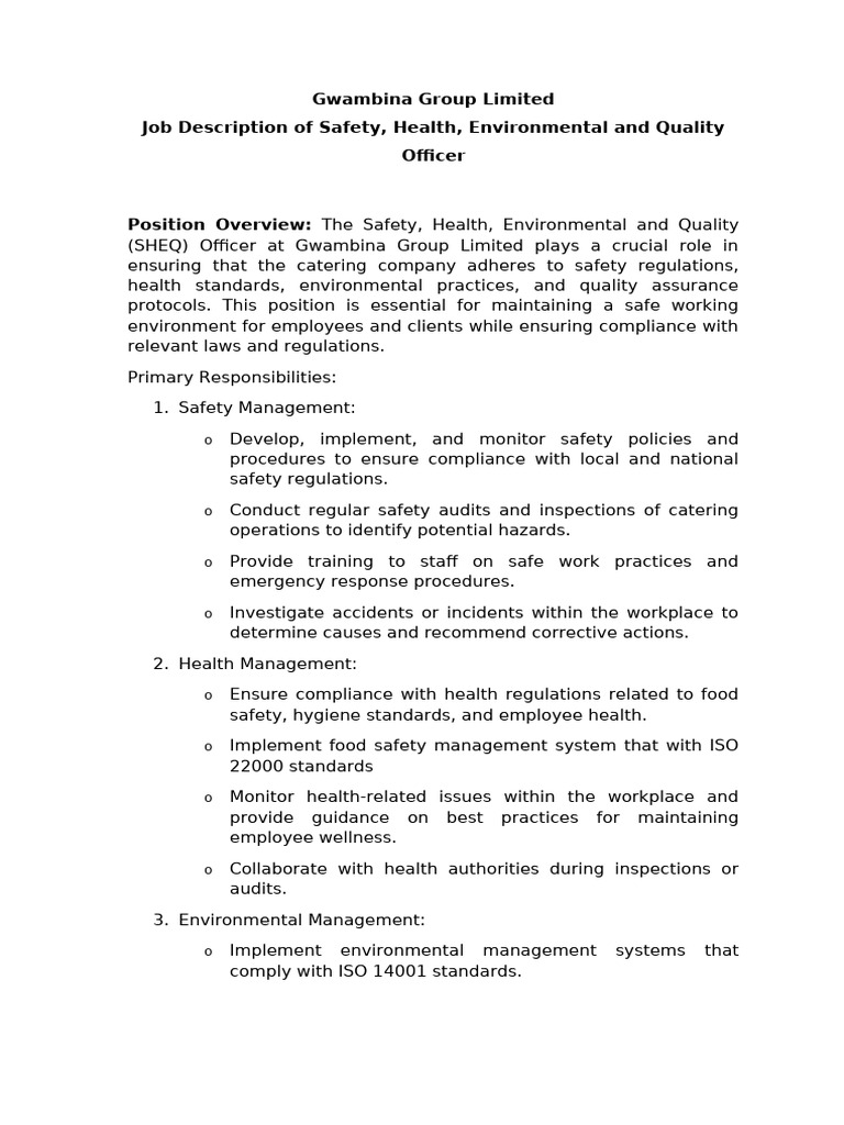 SHEQ JOB DESCRIPTION | PDF | Safety | Occupational Safety And Health