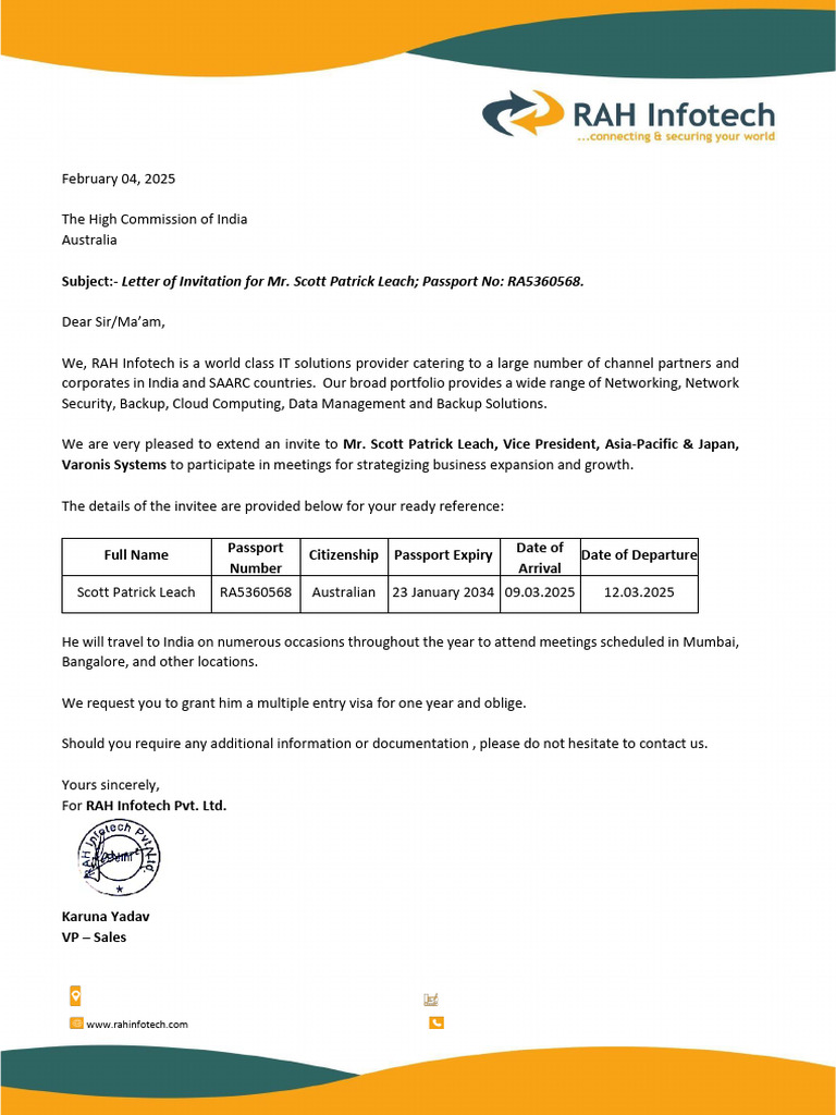 Invitation Letter for Visa: Scott Leach | PDF