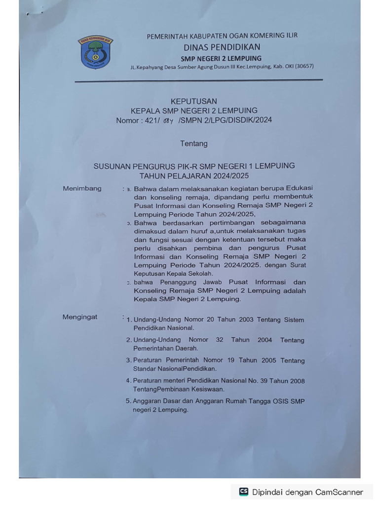 SK Pengurus Pik-R SMPN 2 LPG | PDF