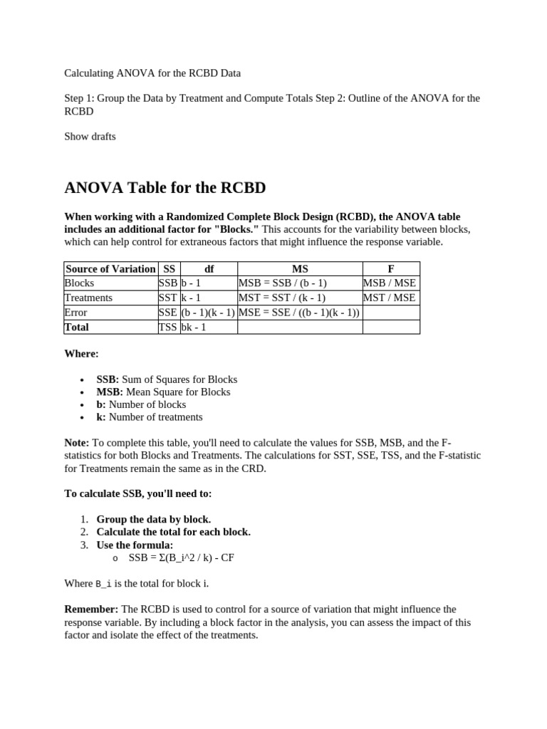 Calculating ANOVA For The RCBD Data | PDF | Errors And Residuals | Analysis Of Variance