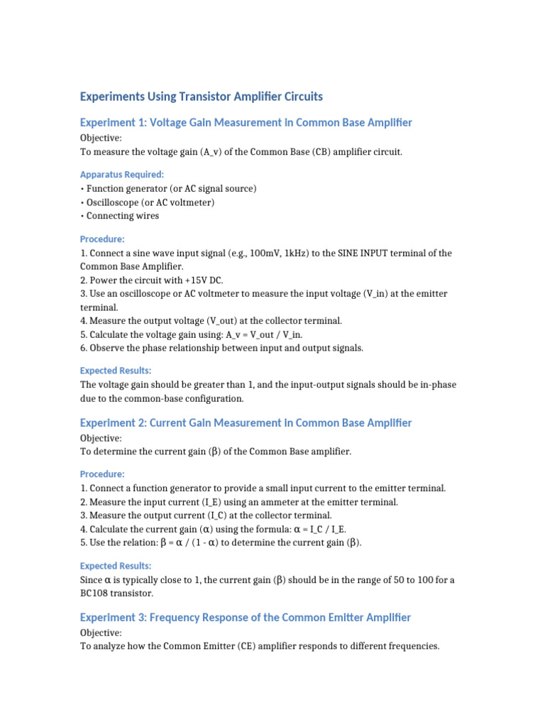 Transistor_Amplifier_Circuits_Experiments | PDF | Amplifier | Voltage