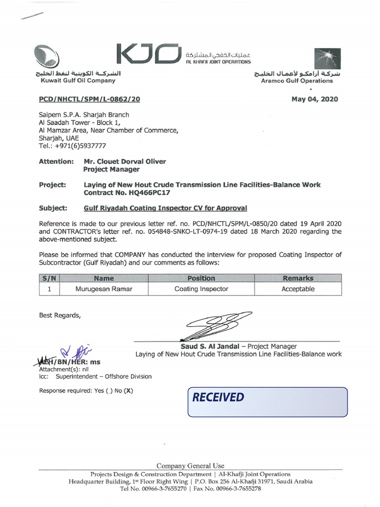 PCD-NHCTL-SPM-L-0862-20 Gulf Riyadah Coating Inspector CV For Approval ...