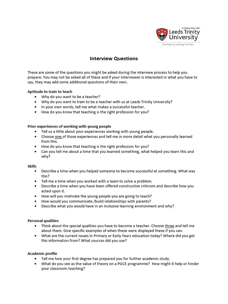 PGCE Primary Interview Questions | PDF