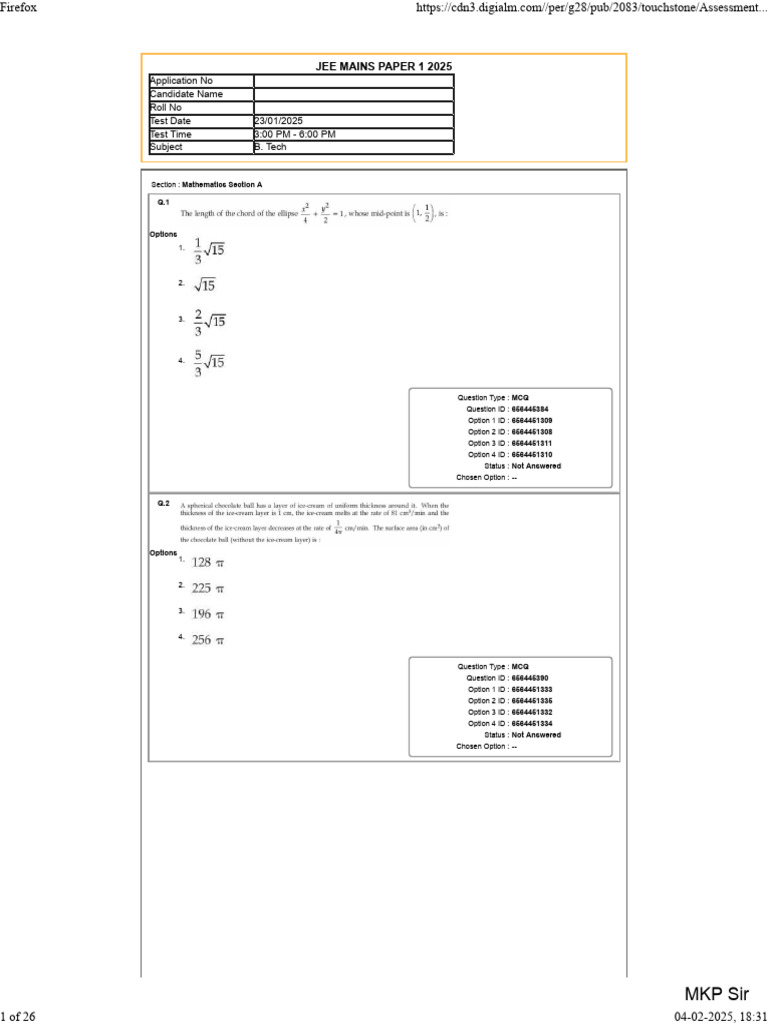 JEE Mains 2025 Mathematics MCQs | PDF | Multiple Choice | Evaluation ...