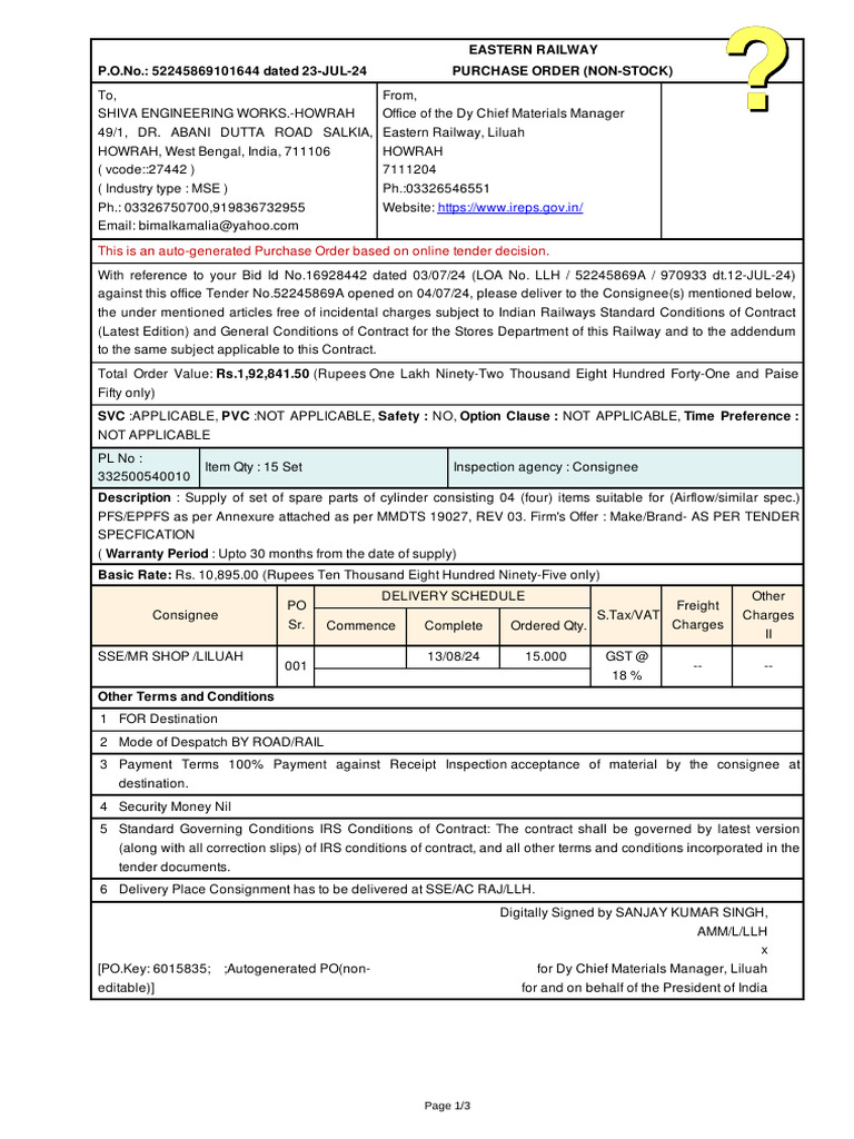 Supply of Set of Spare Parts | PDF | Receipt | Payments