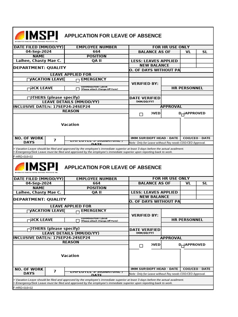Ccl Leave Sept 18 & Sep 24 | PDF | Working Time | Workplace