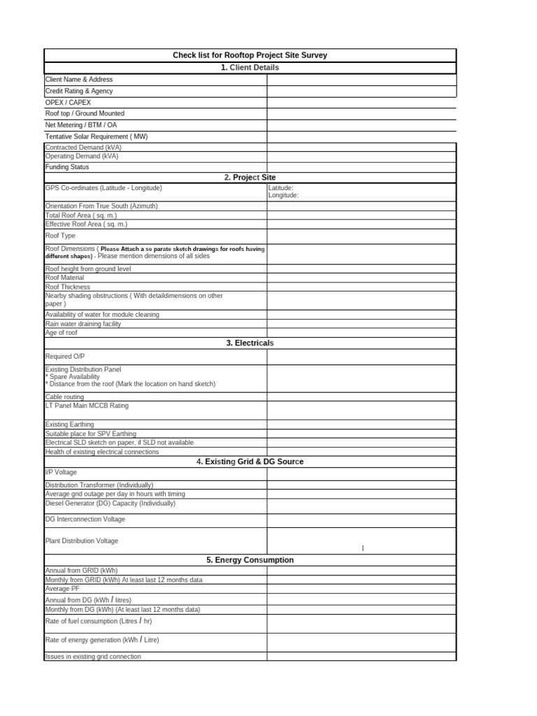 Rooftop Solar Project Site Survey Checklist | PDF | Electrical Grid ...