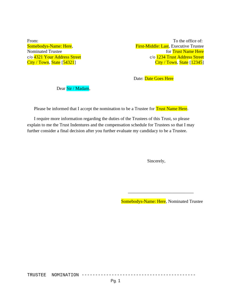 Trustee Nomination Acceptance Letter | PDF