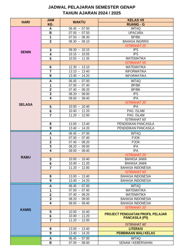 Jadwal Pelajaran Smt 2_2024 - 2025 - 7 | PDF