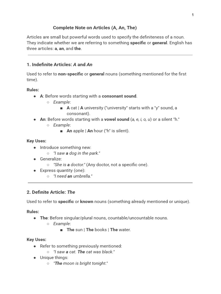 Complete Note On Articles (A, An, The) | PDF | Noun | Syntax