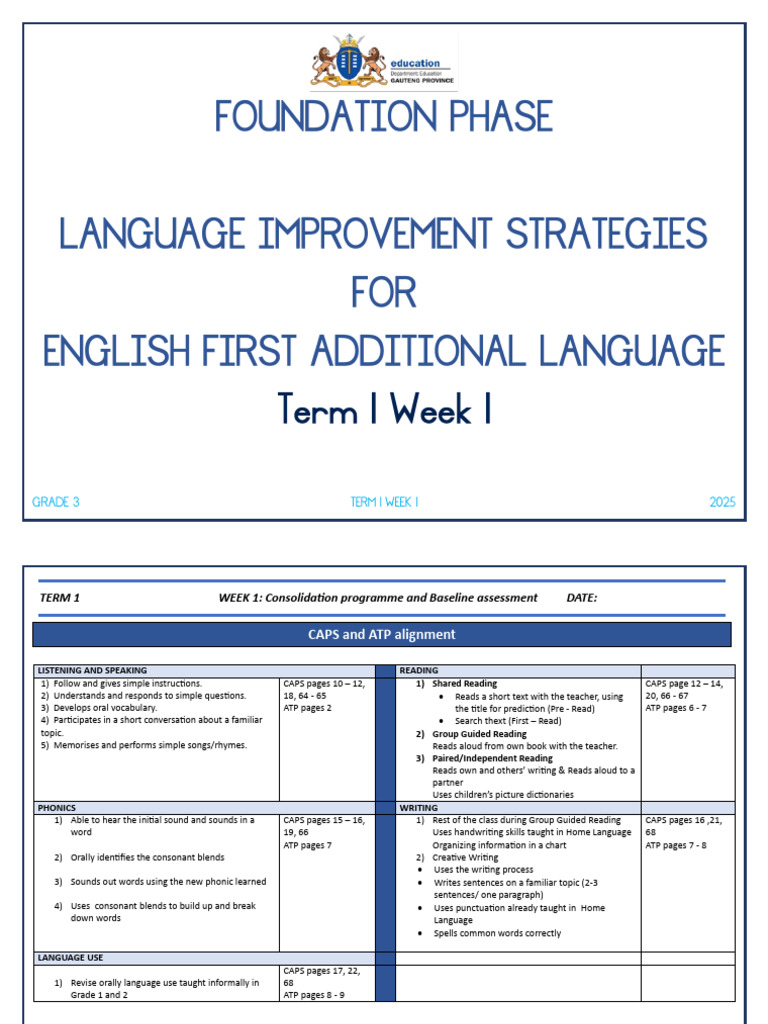 GAUTENG LRIP EFAL GRADE 3 TERM 1 WEEK 1 LESSON PLAN and BASELINE ASSESSMENT | PDF | Phonics ...