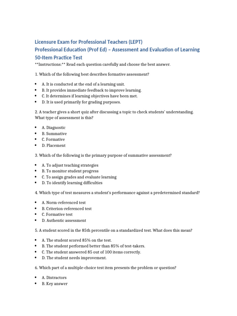 LEPT ProfEd Assessment Reviewer | PDF | Educational Assessment | Multiple Choice