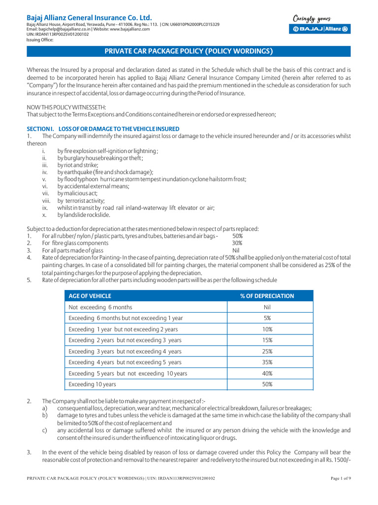 Private Car Comprehensive Policy Wording- Bajaj Allianz Th20dFy | PDF ...