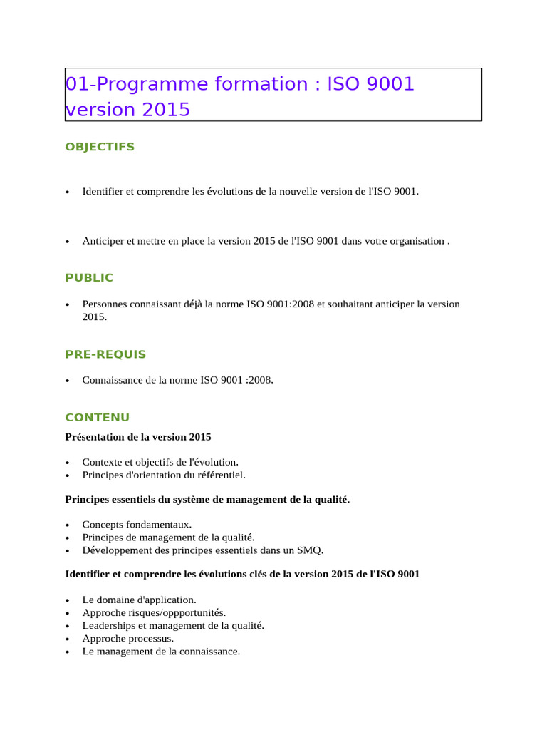 Formation ISO 9001:2015 - Objectifs et Contenu | PDF