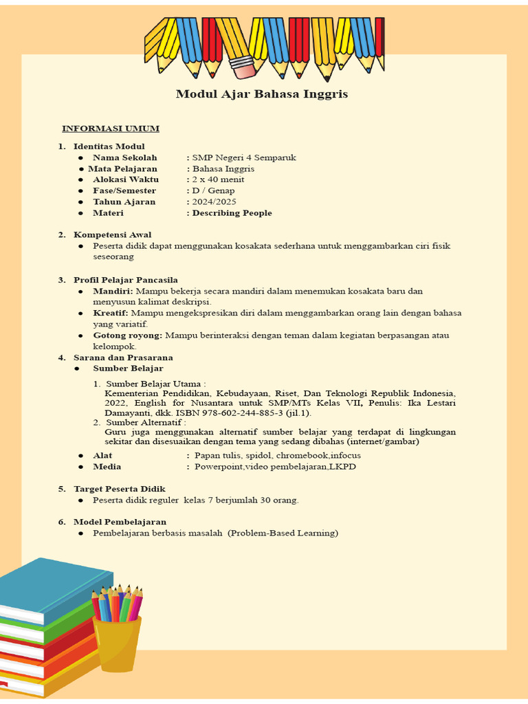 Modul Ajar Keteraturan Suasana Kelas Materi Describing People | PDF
