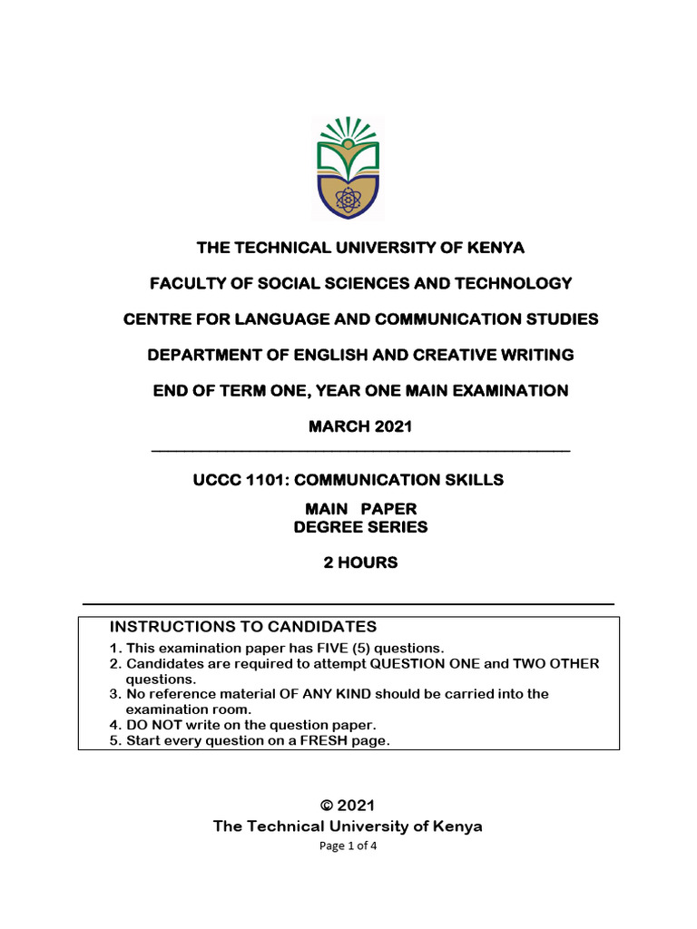 Degree Exam Uccc 1101 Communication Skills Skills March 2021 | PDF