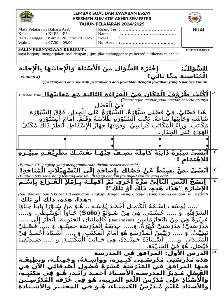 Soal STS 2 - Xi - Bahasa Arab - Fe Urun | PDF