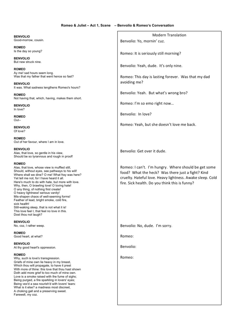Romeo & Juliet - Act 1, Scene 4 - Benvolio & Romeo's Conversation | PDF ...