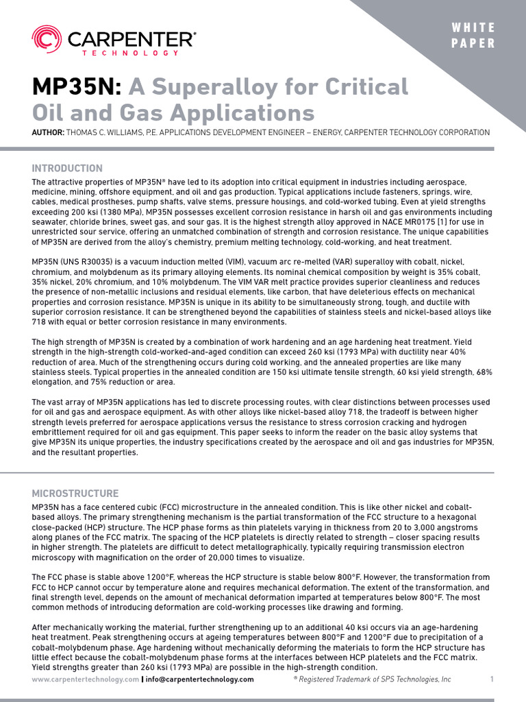 MP35N - Superalloy For Critical Oil and Gas Applications | PDF ...