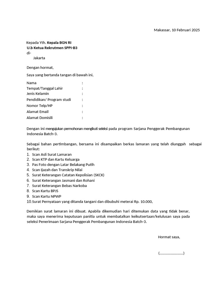 Contoh Surat Lamaran SPPI | PDF