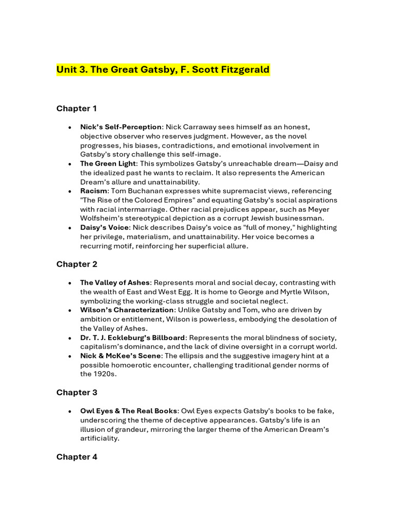 Unit 3. The Great Gatsby. Summary and Work On The Text Questions | PDF ...