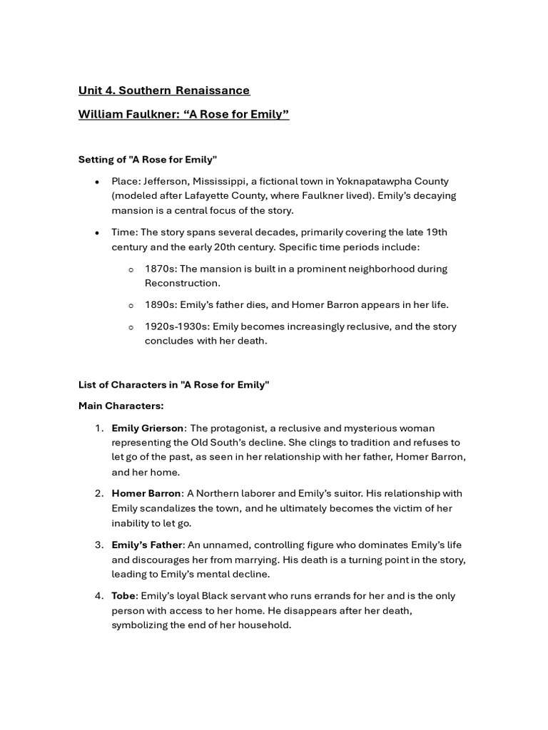 Unit 4. A Rose For Emily Summary and Analysis | PDF