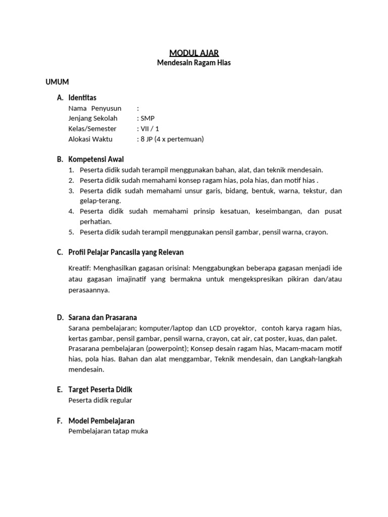 MODUL AJAR - Mendesain Ragam Hias | PDF