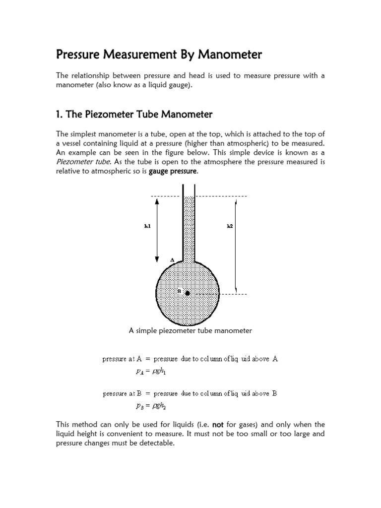 Pressure Measurement by Manometer | PDF | Pressure Measurement | Pressure