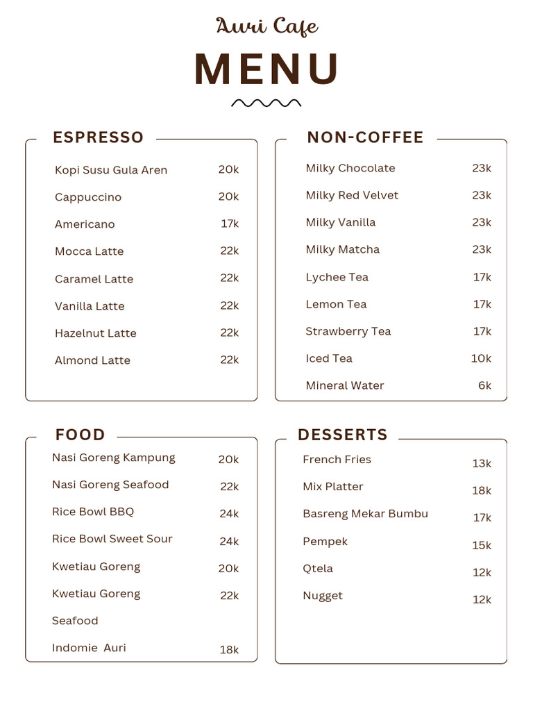 Auri Cafe Menu: Drinks, Food & Desserts | PDF