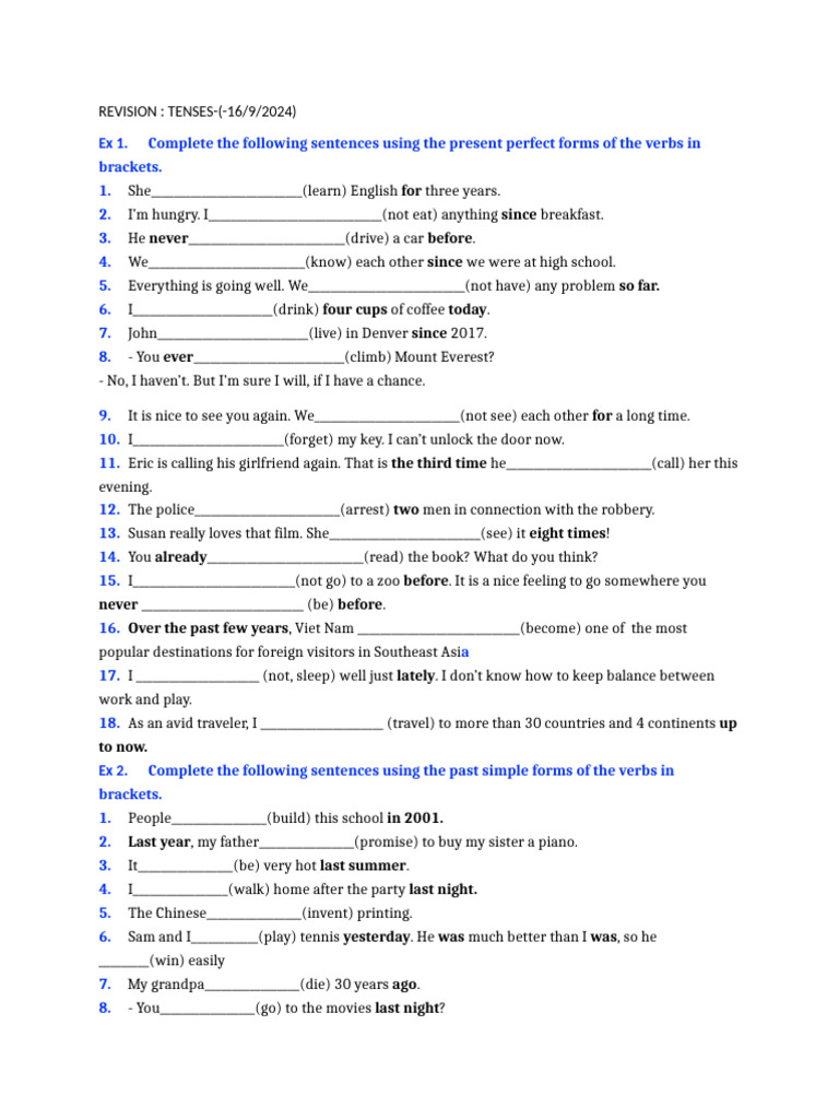 THU-BÀI TẬP THÌ HTHT - QKĐ | PDF