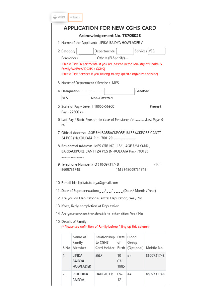 Application For New CGHS Card | PDF | Identity Document