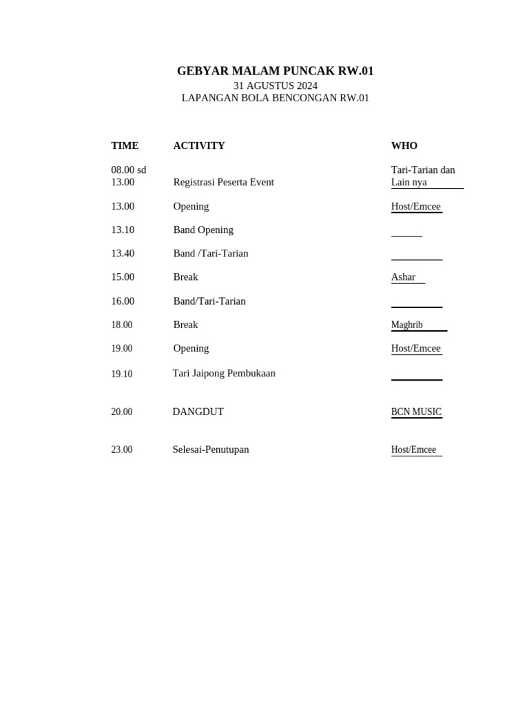 GEBYAR MALAM PUNCAK RW.01 Schedule | PDF